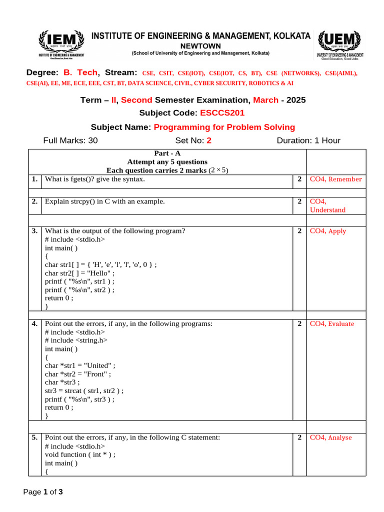 Term - Ii_programming for Problem Solving_iem_newtown_2nd Semester_set b | PDF | Software ...