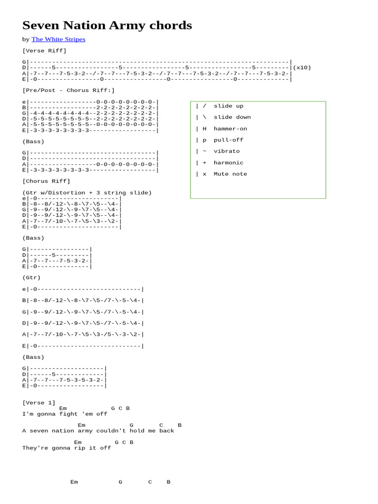 Seven Nation Army Chords Guide | PDF | Song Structure