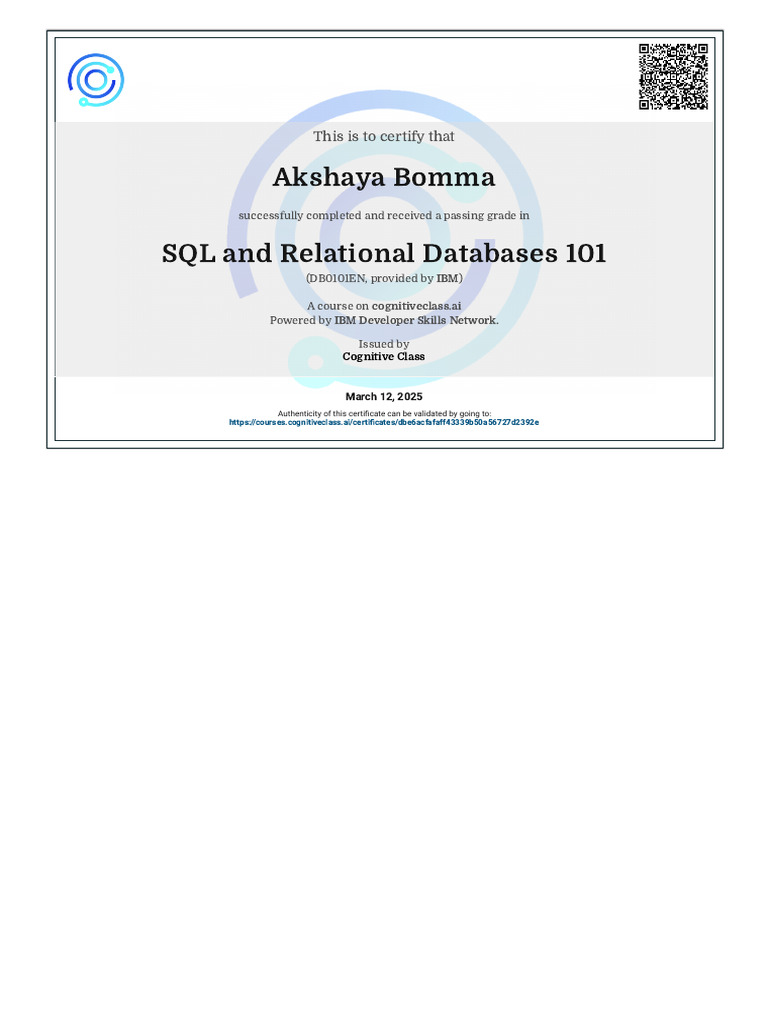 IBM DB0101EN Certificate - Cognitive Class | PDF