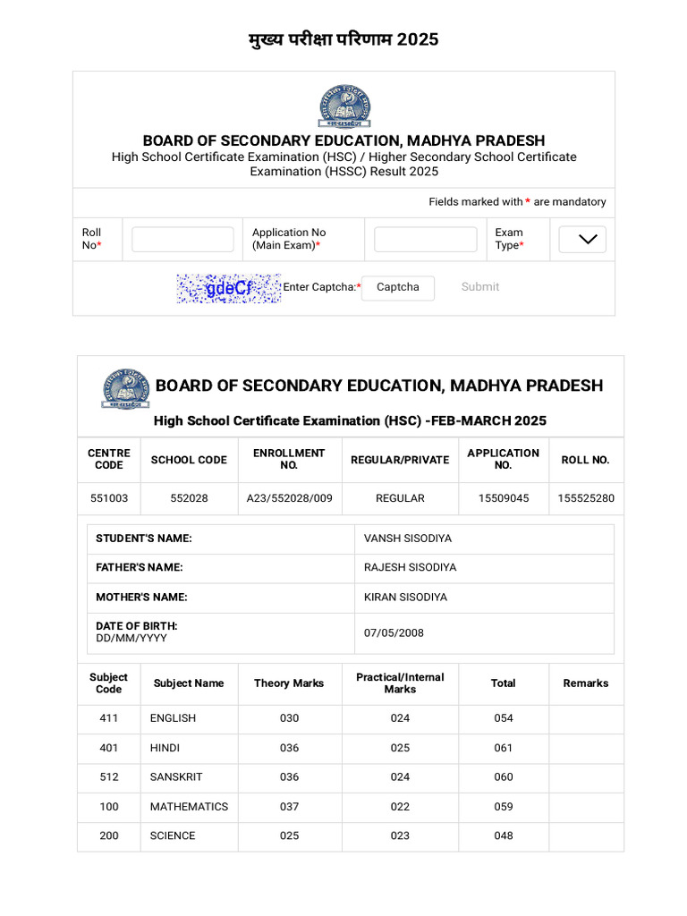 10th MP Board Result | PDF