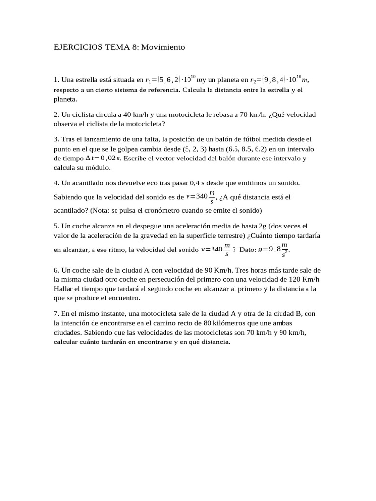 Enunciados Ejercicios Tema 8 Movimiento | PDF