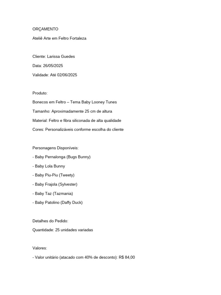 Orcamento Baby Looney Tunes Larissa Guedes | PDF