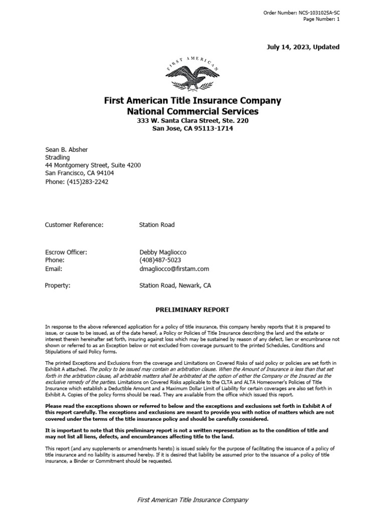 Preliminary Title Report | PDF | Insurance | Title Insurance