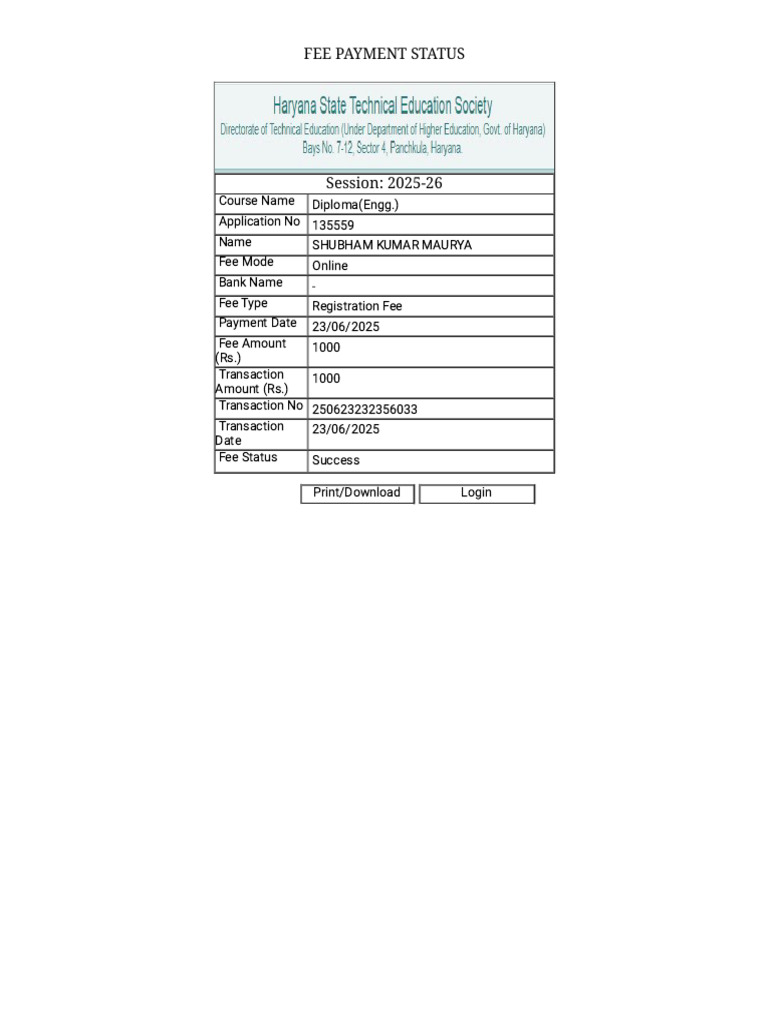 Shubham Fee Payment Receipt | PDF