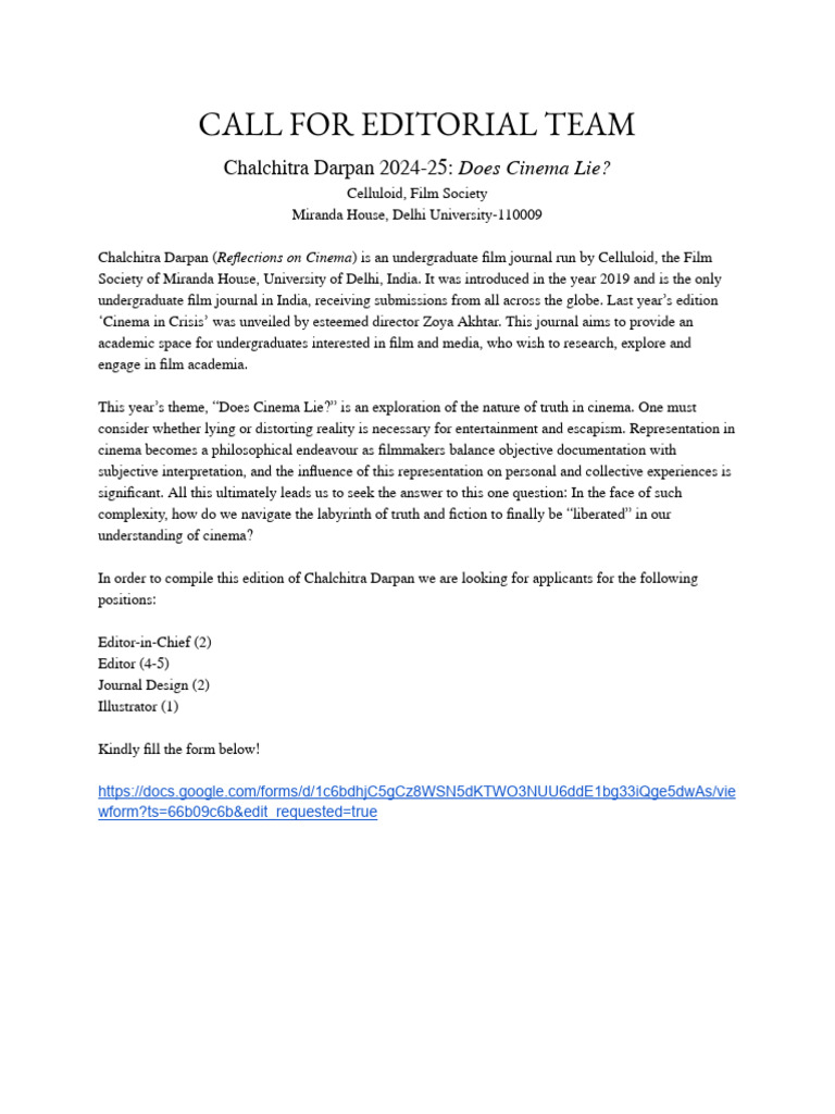 Chalchitra Darpan 2024-25- Call for Editorial Team | PDF