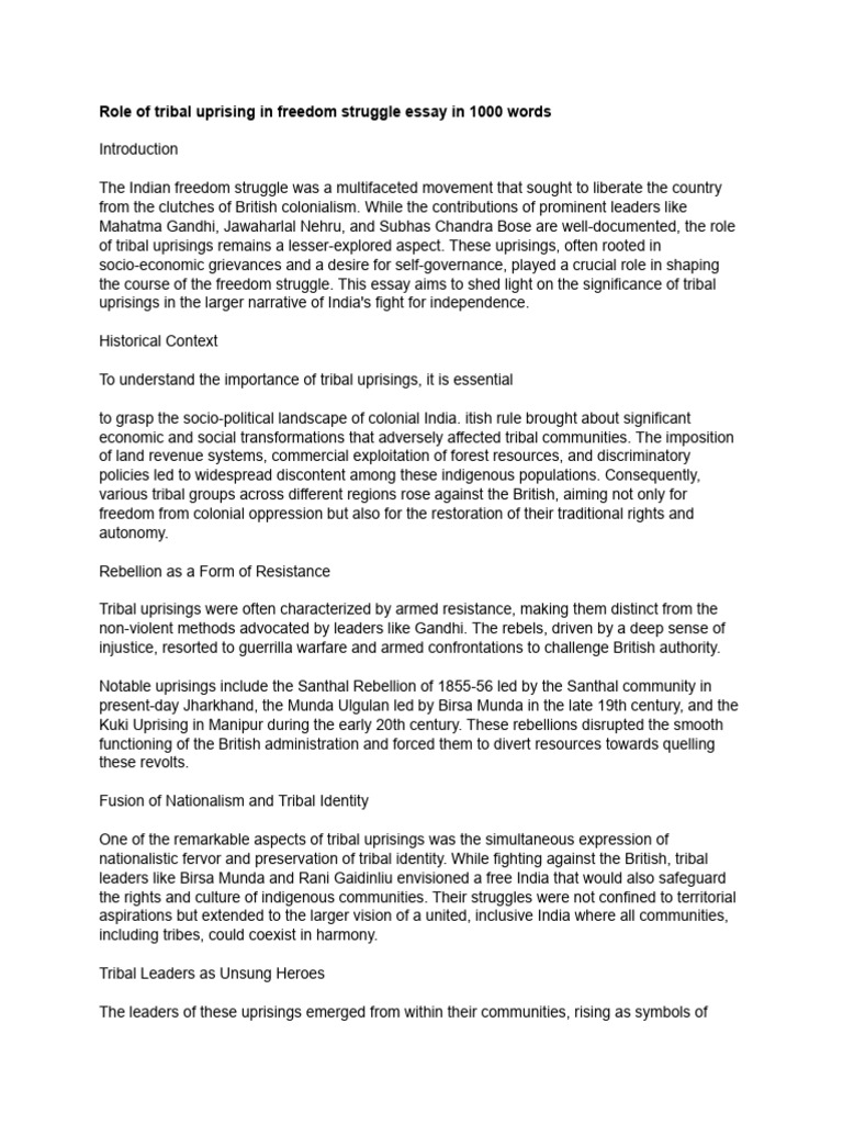 Role of Tribal Uprising in Freedom Struggle Essay in 1000 Words | PDF ...