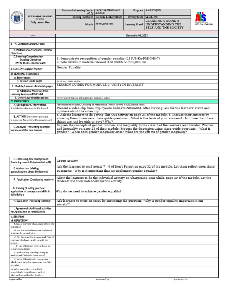 Gender Equality Lesson Plan | PDF | Learning | Cognition