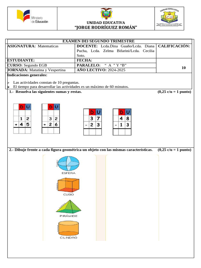 Examen de Matemáticas Segundo EGB | PDF | Matemáticas