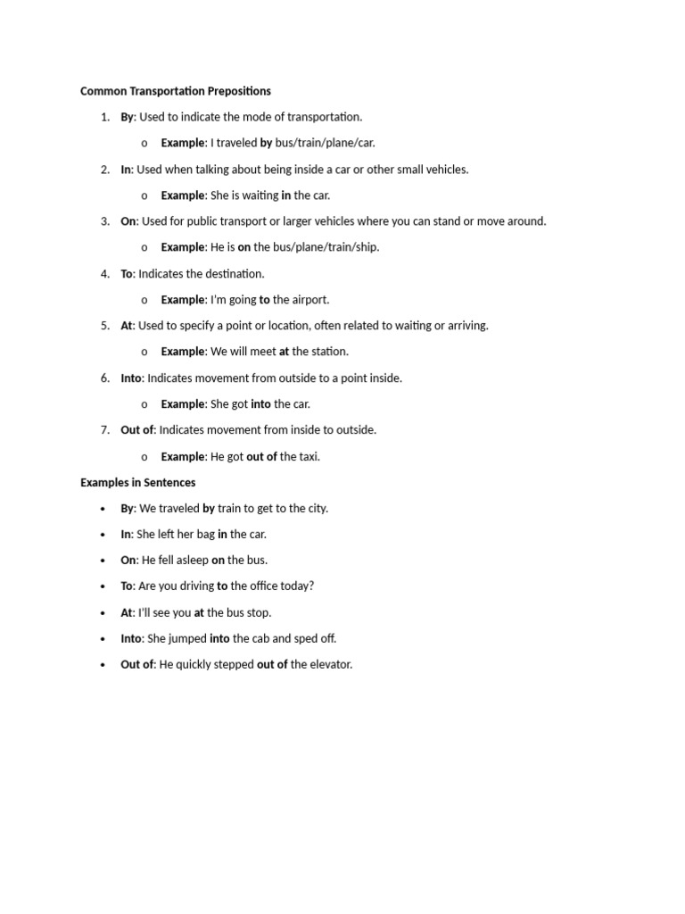 Common Transportation Prepositions | PDF