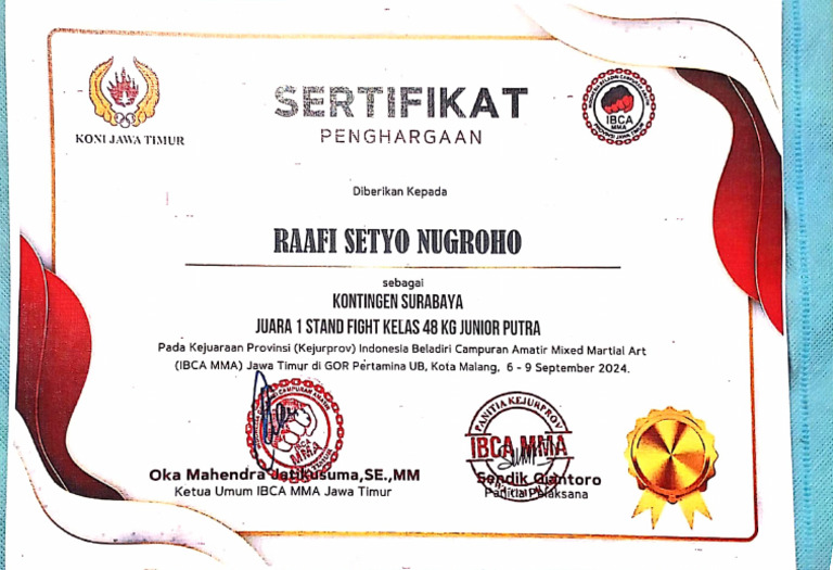 Raafi Setyo Nugroho - Xi-5 - Ibca Mma - Juara 1 Stand Fight Kelas 48 KG Junior Putra - Provinsi ...