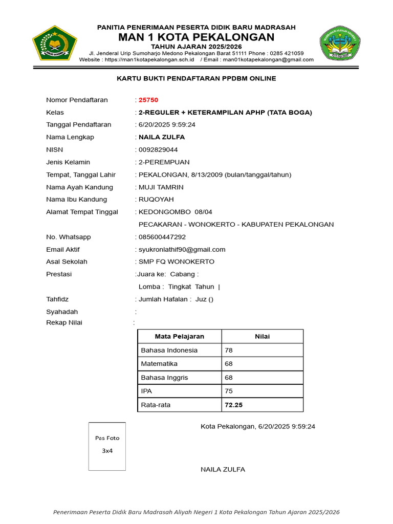 25750-Naila Zulfa - Bukti Daftar Ppdbm Man 1 Kota Pekalongan | PDF