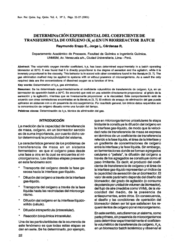 Vista de Determinación Experimental Del Coeficiente de Transferencia de Oxígeno (Kla) en Un ...