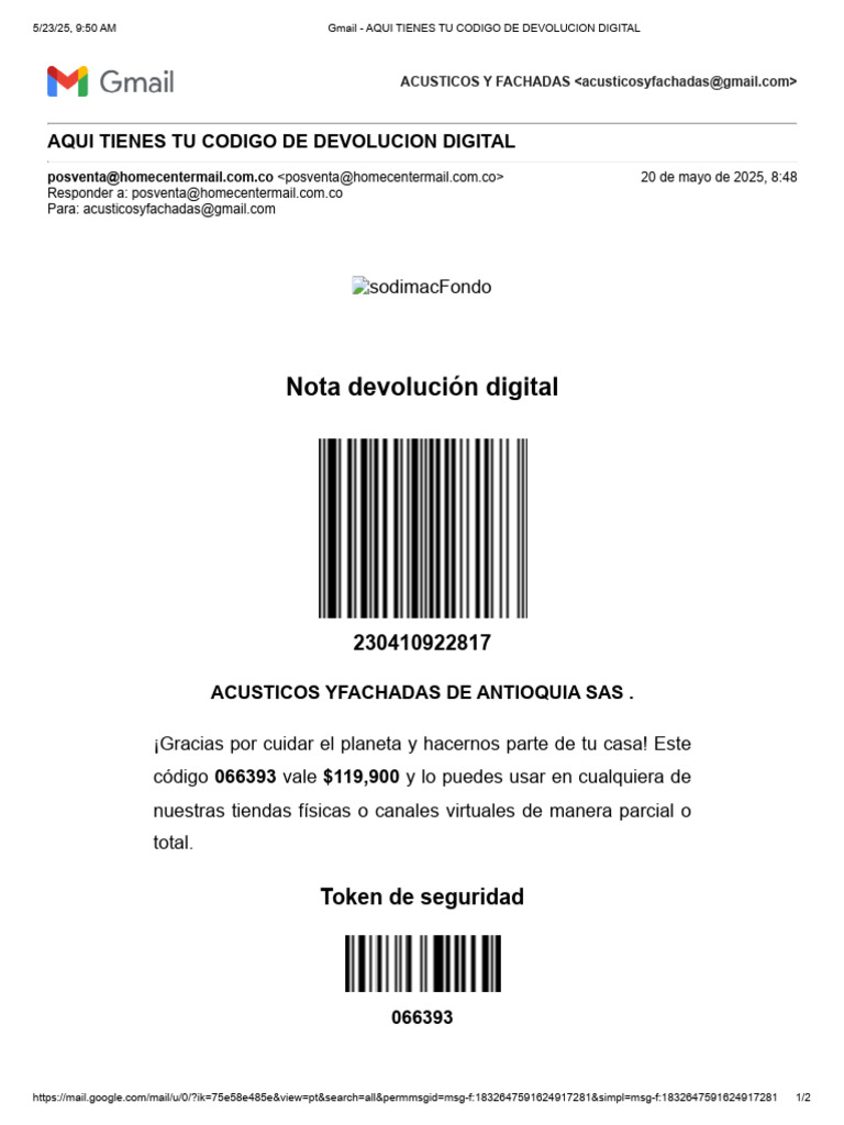 Gmail - Aqui Tienes Tu Codigo de Devolucion Digital | PDF