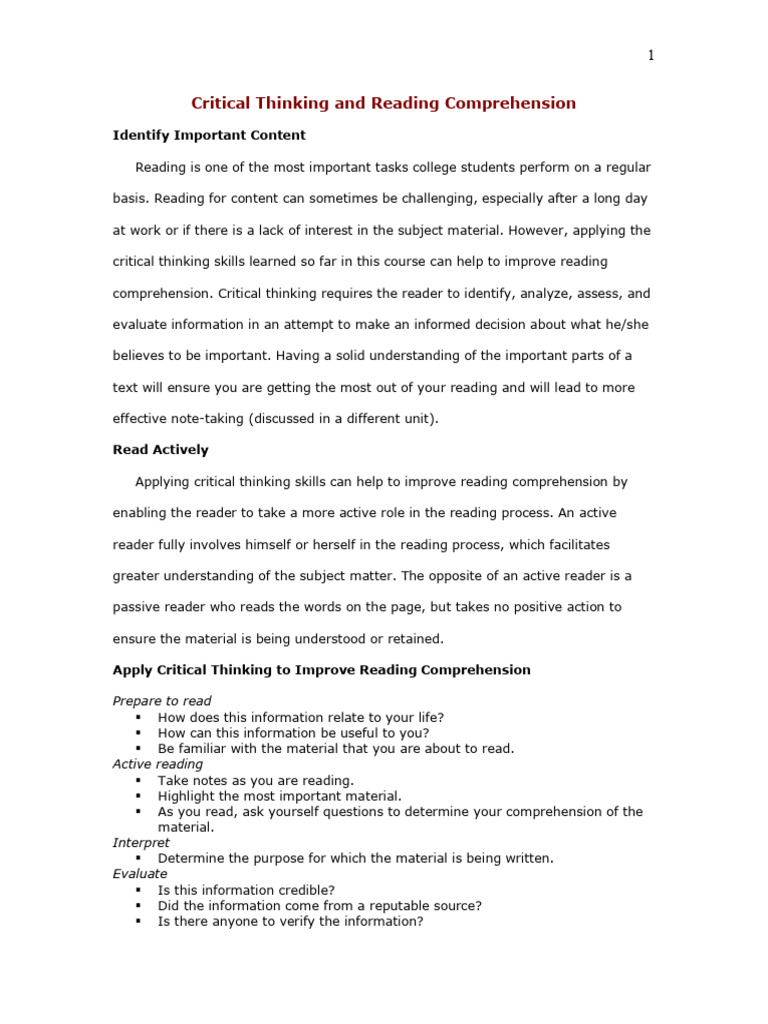 Enhance Reading Comprehension Skills | PDF | Reading Comprehension ...