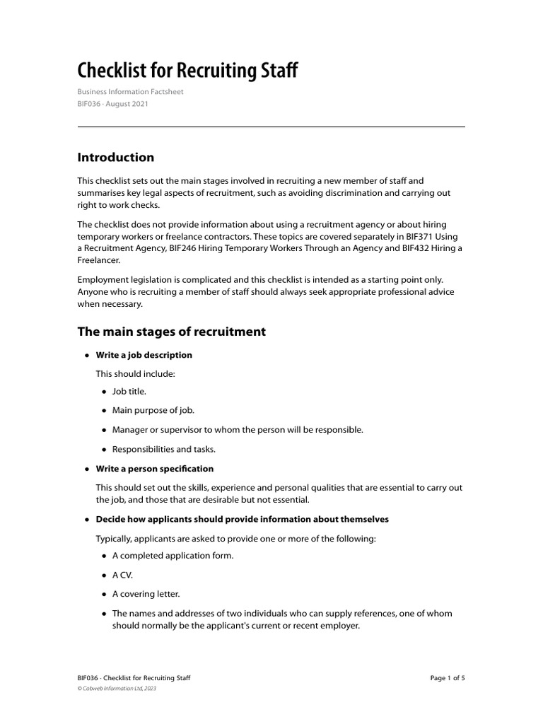 Checklist For Recruiting Staff | PDF | Recruitment | Criminal Record