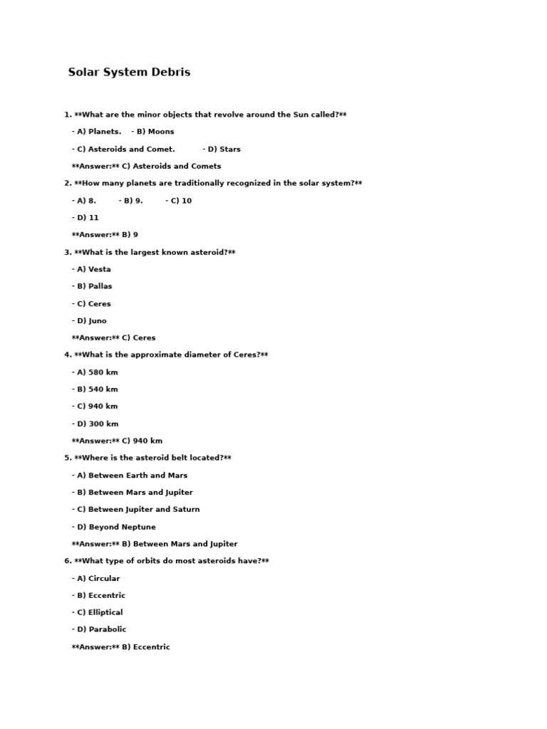 Solar System Debries Mcqs | PDF | Asteroid | Comet