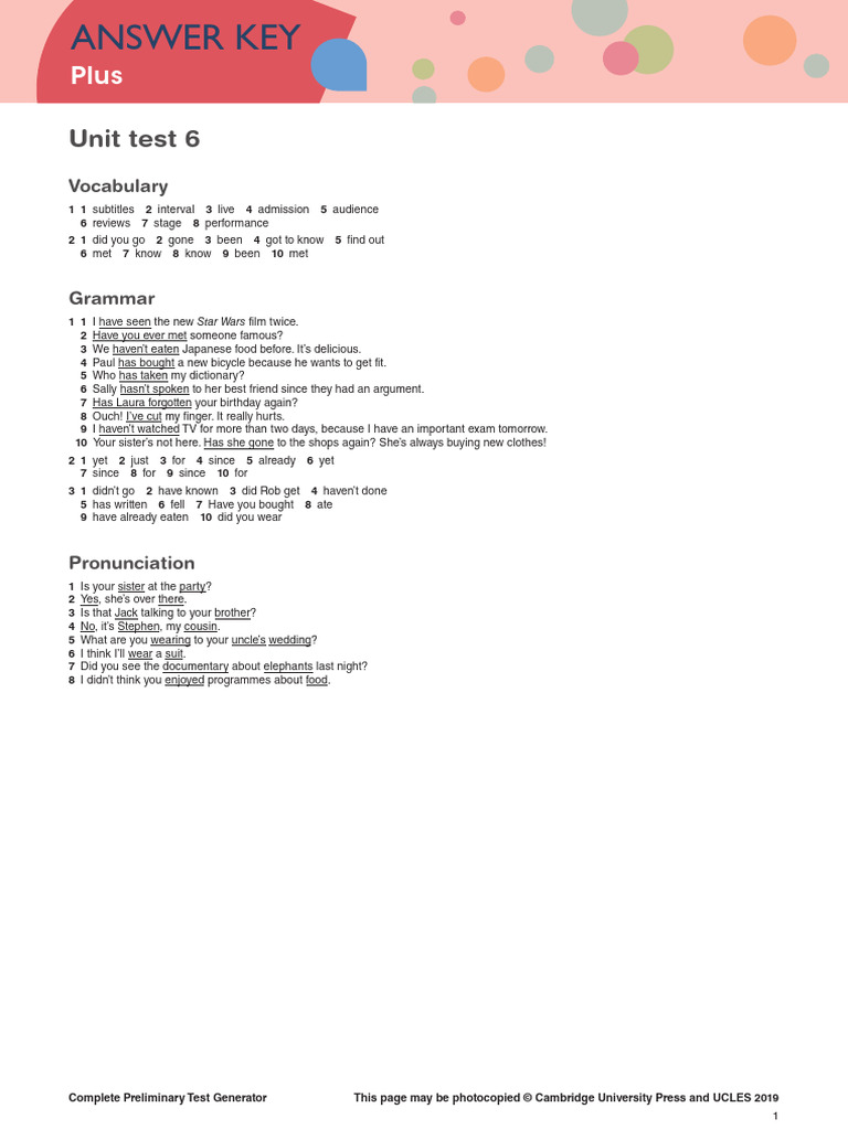 Unit Test 6 Answer Key and Guide | PDF