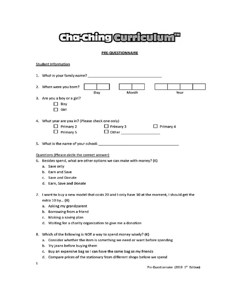 Cha Ching Pretest | PDF