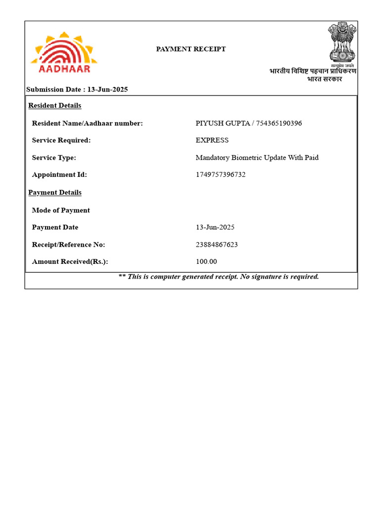 Payment Receipt for Biometric Update | PDF