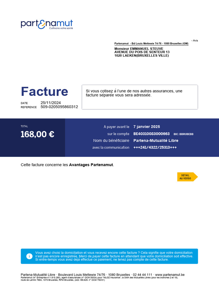 Facture Partenamut - 168,00 € à payer | PDF