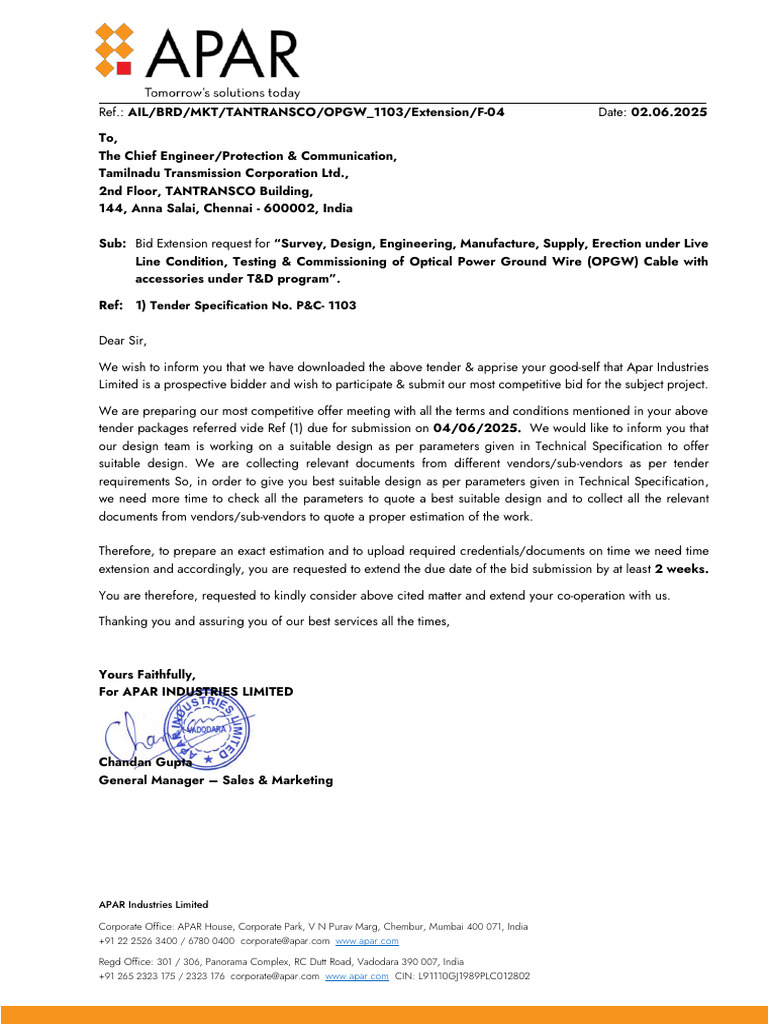 Bid Extension Request for OPGW Project | PDF