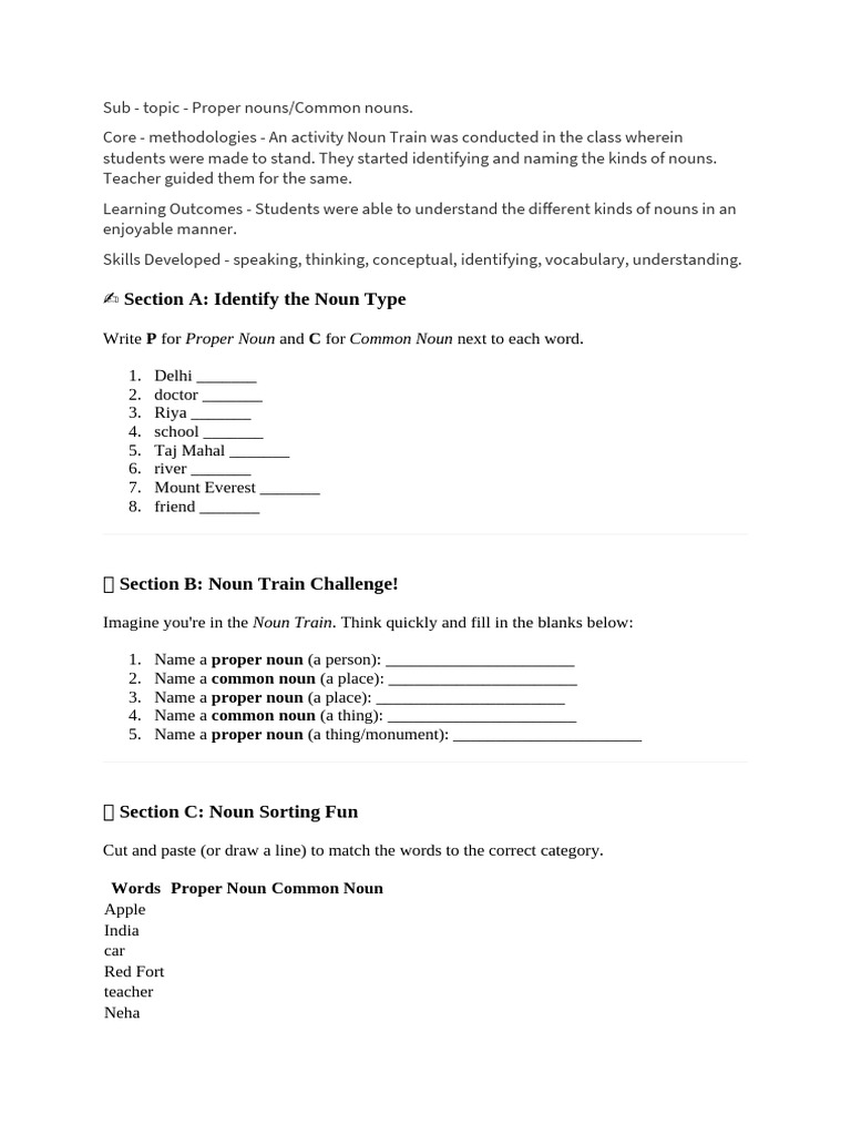 Noun Types: Proper vs Common Activities | PDF