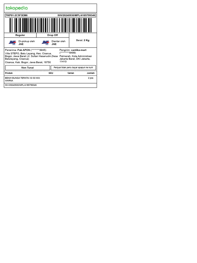 Contoh Resi Pengiriman JNE | PDF