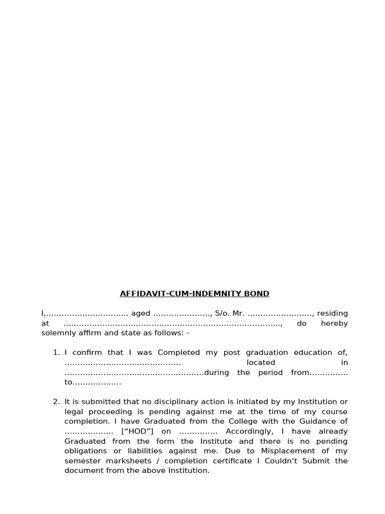 Affidavit Cum Indemnity Bond - Education Docs | PDF | Legal Liability | Indemnity