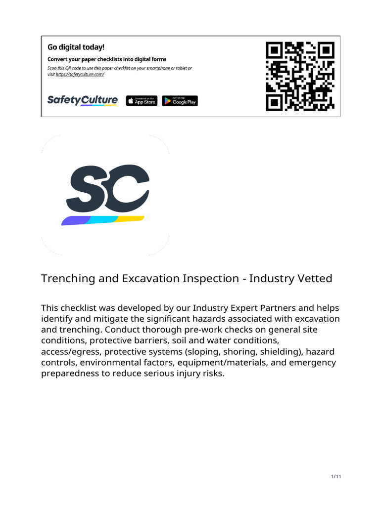 Trenching and Excavation Inspection - SAFETY CULTURE | PDF | Trench ...