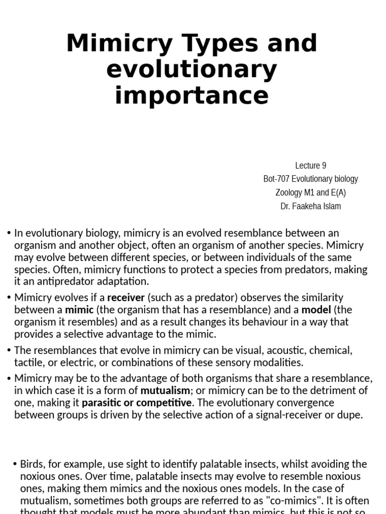 Lecture 9-Mimicry Types and Evolutionary Importance | PDF | Mimicry ...