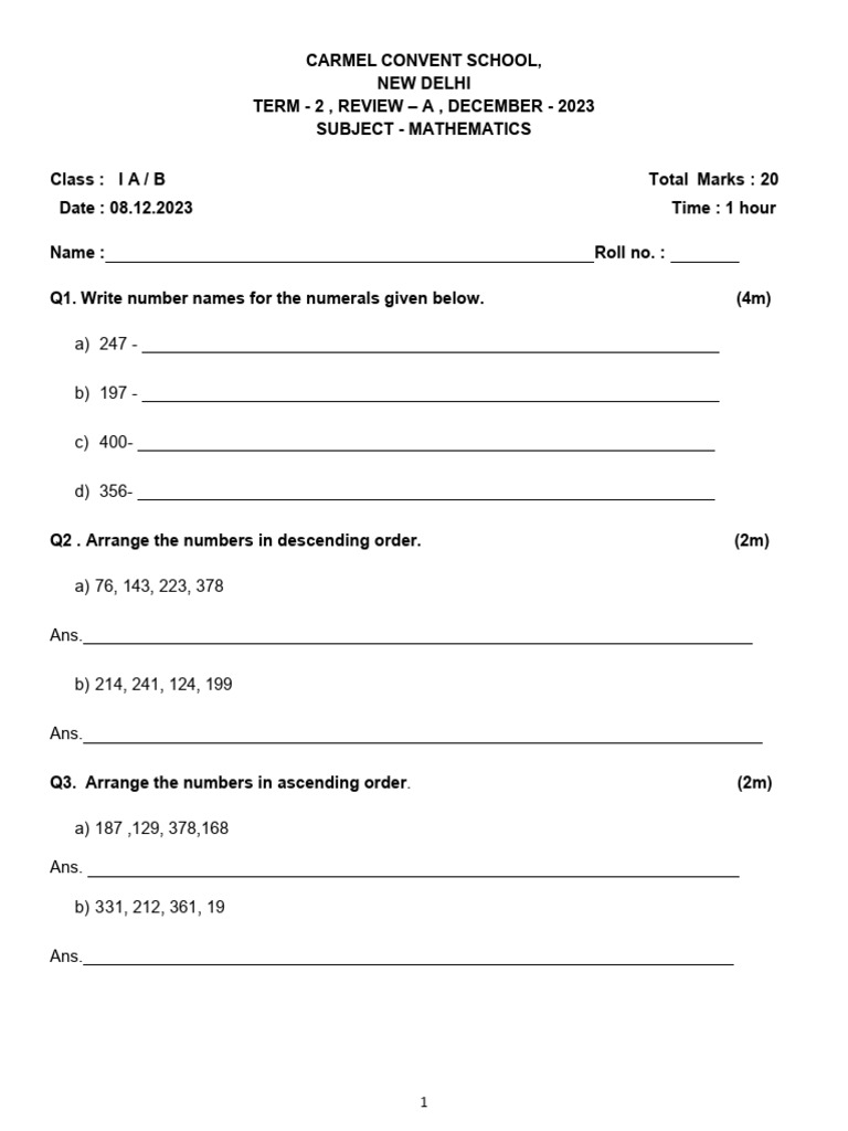 Class 1 Term 2 Maths Question Paper | PDF