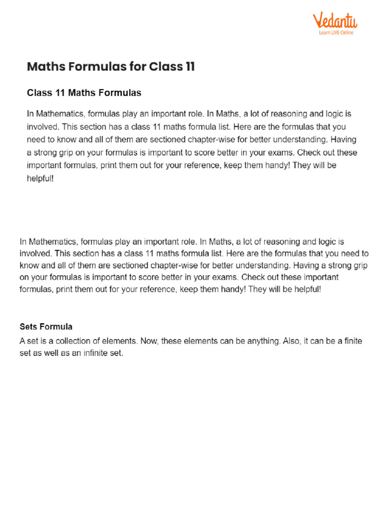 Maths Formulas for Class 11 | PDF