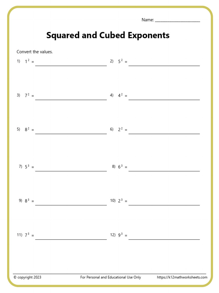 Squared and Cubed Exponents Basic 1 | PDF