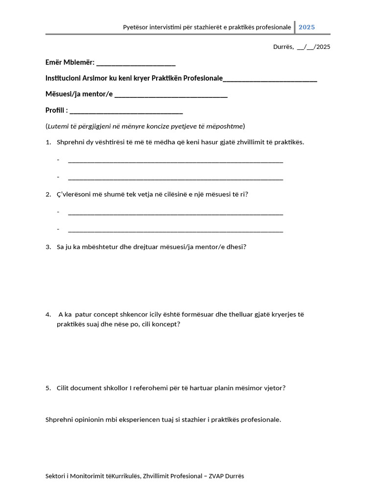 Pyetesor Vleresimin Per Praktikantet 2025 | PDF