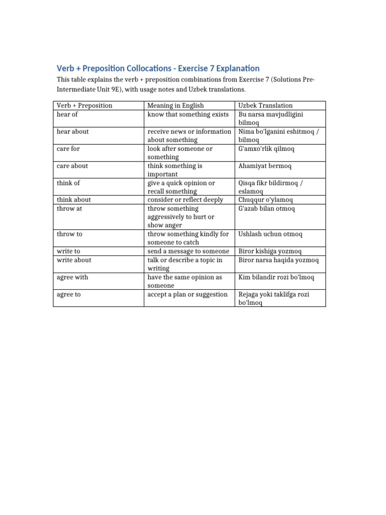 Exercise7 Verb Prep Explanation Uzbek | PDF
