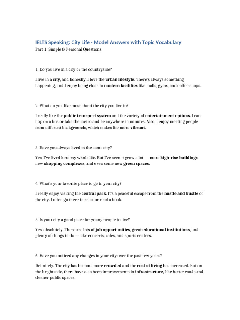 IELTS City Life Model Answers | PDF | Public Transport | Cost Of Living