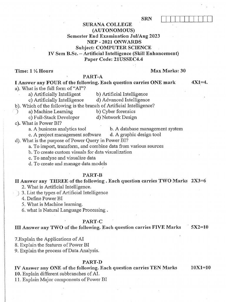 2023 Jul Aug IV Sem BSC Artificial Intelligence NEP | PDF