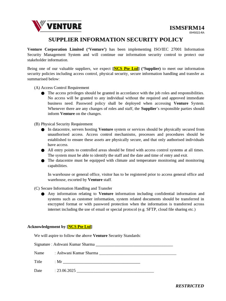 ISMSFRM14 (A) - Supplier Information Security Policy - NCS | PDF ...