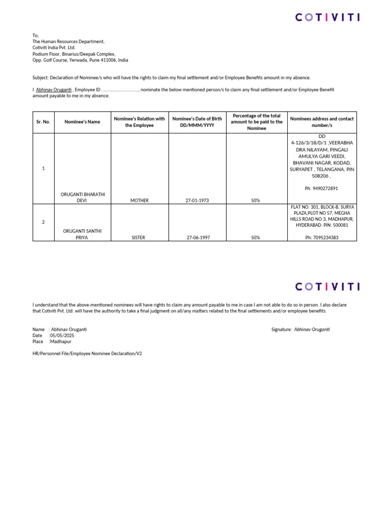 Cotiviti Nomination Form | PDF | Industrial Organization ...