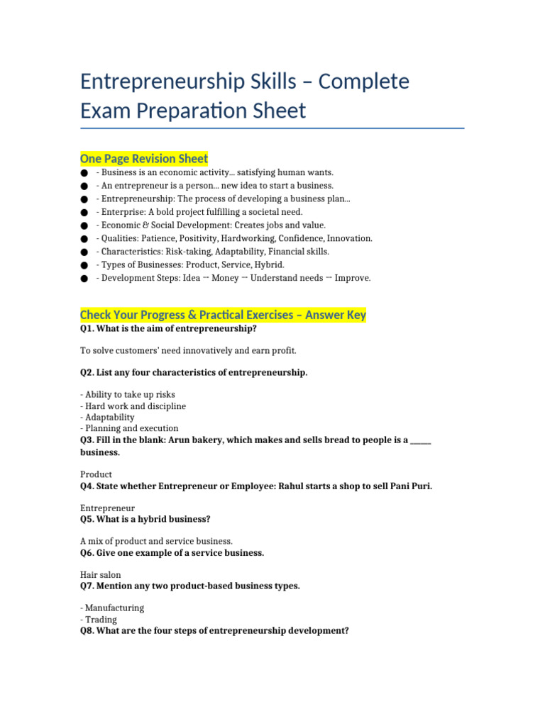Entrepreneurship Complete Preparation Sheet Updated | PDF ...
