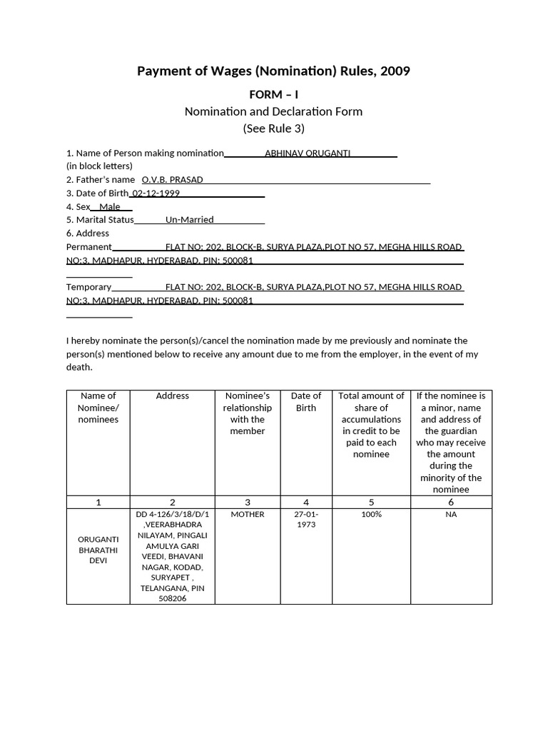 Payment of Wages Nomination Form | PDF
