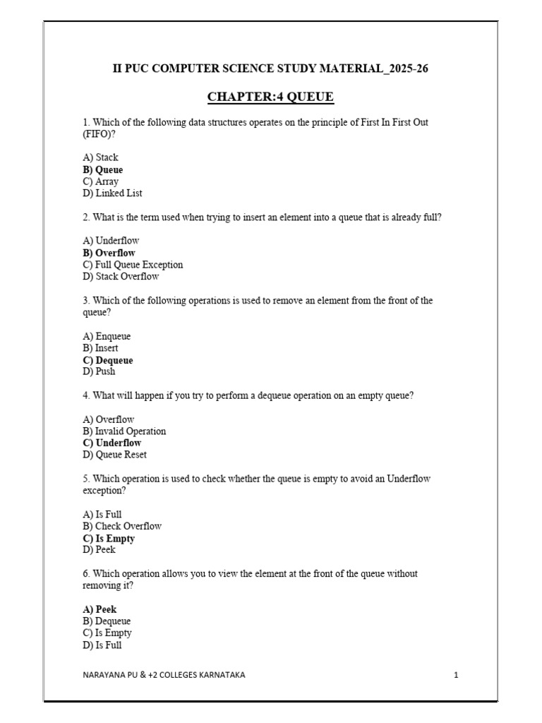 Incoming Ii Puc Computer Science Chapter 4 Queue Study Material - 2025-26 | PDF | Queue ...