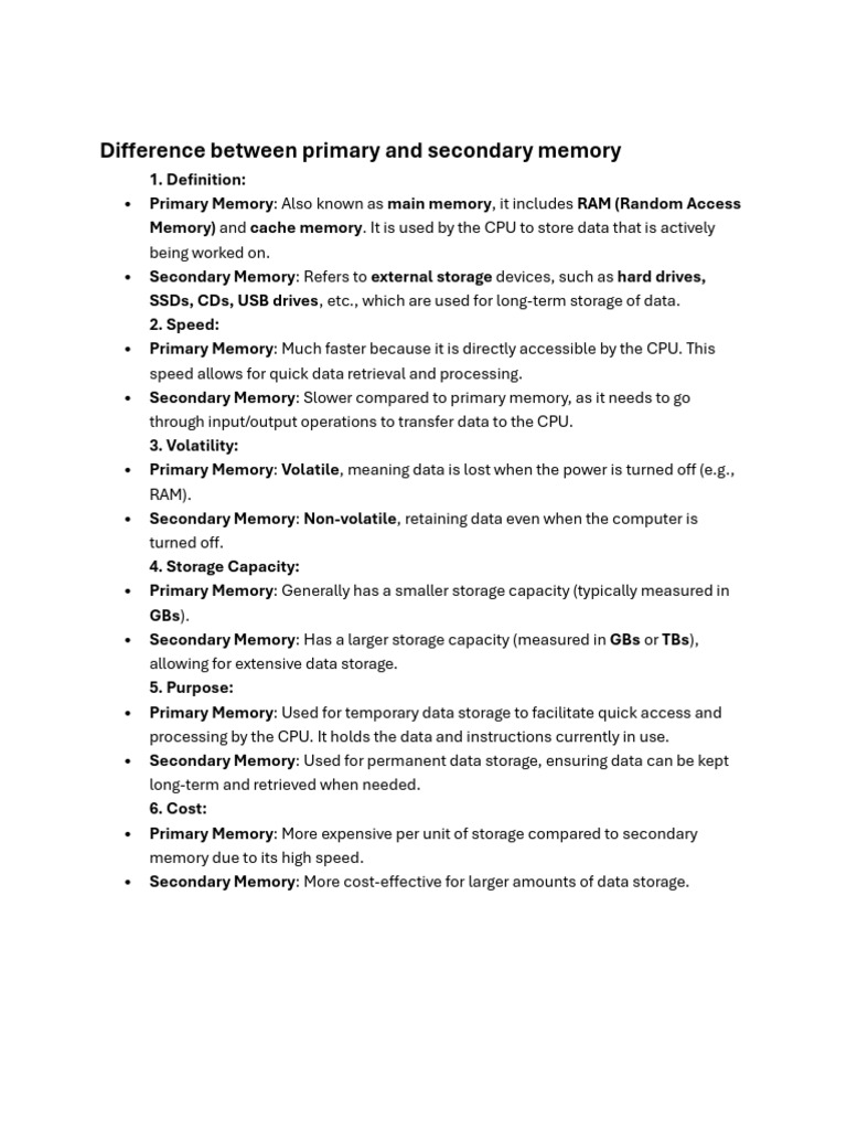 Difference Between Primary and Secondary Memory | PDF | Computer Data ...