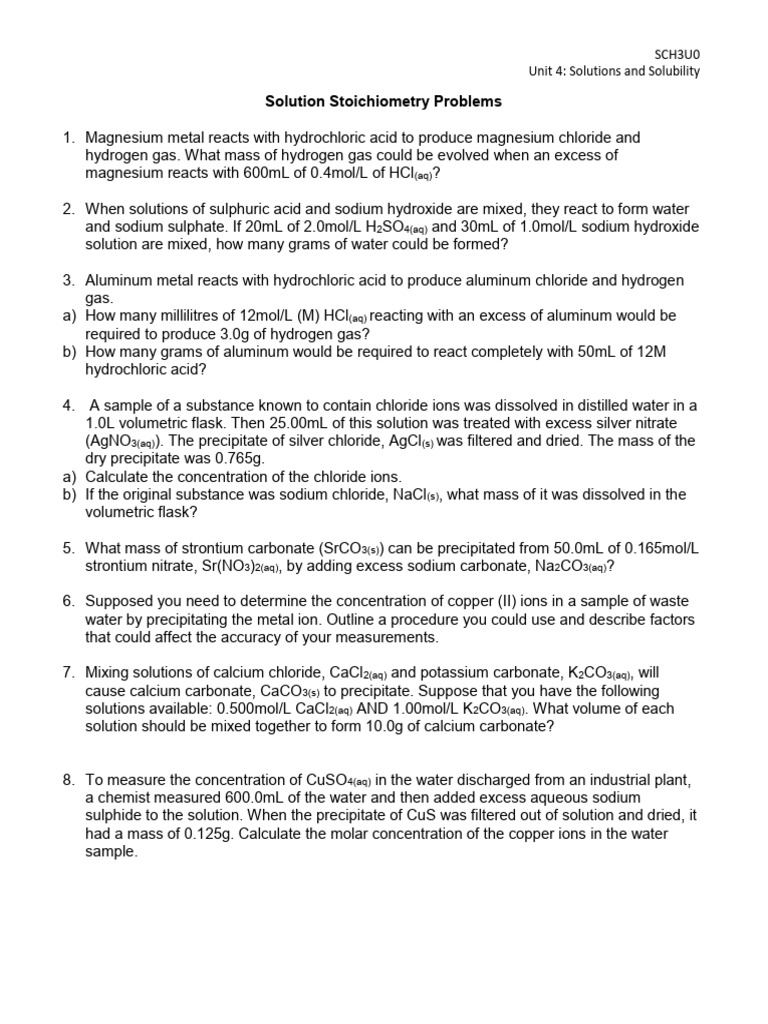 4 - Solution Stoichiometry Practice | PDF | Precipitation (Chemistry ...