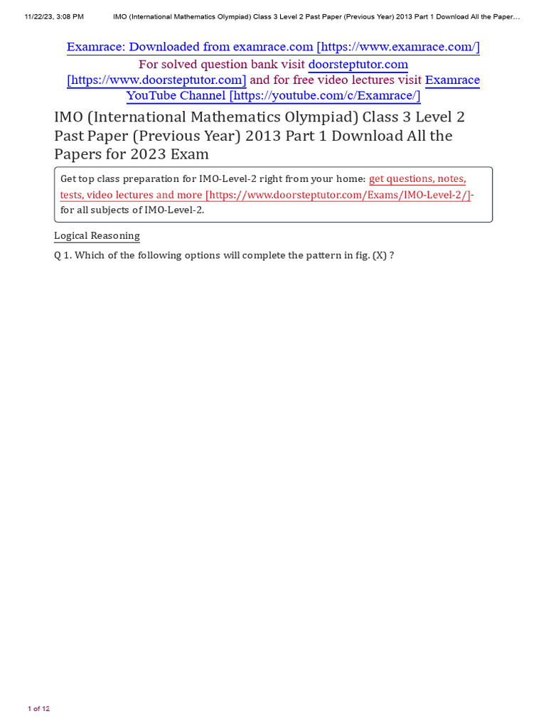 IMO Class 3 Level 2-2013 | PDF