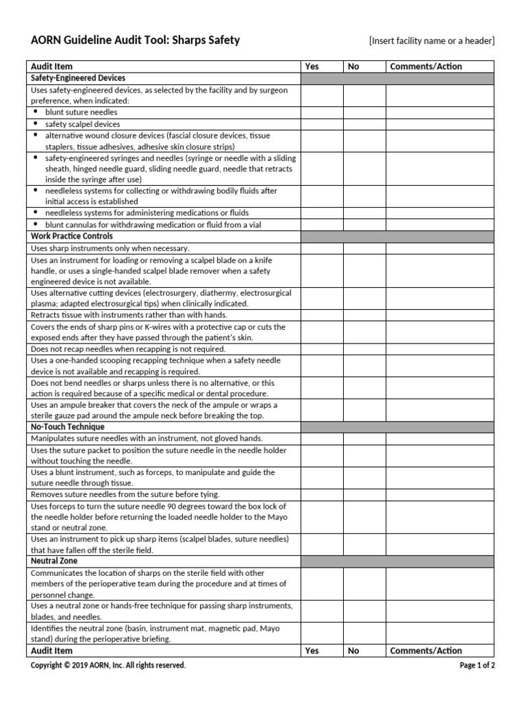 AORN Sharps Safety Audit Tool | PDF | Surgical Suture | Syringe