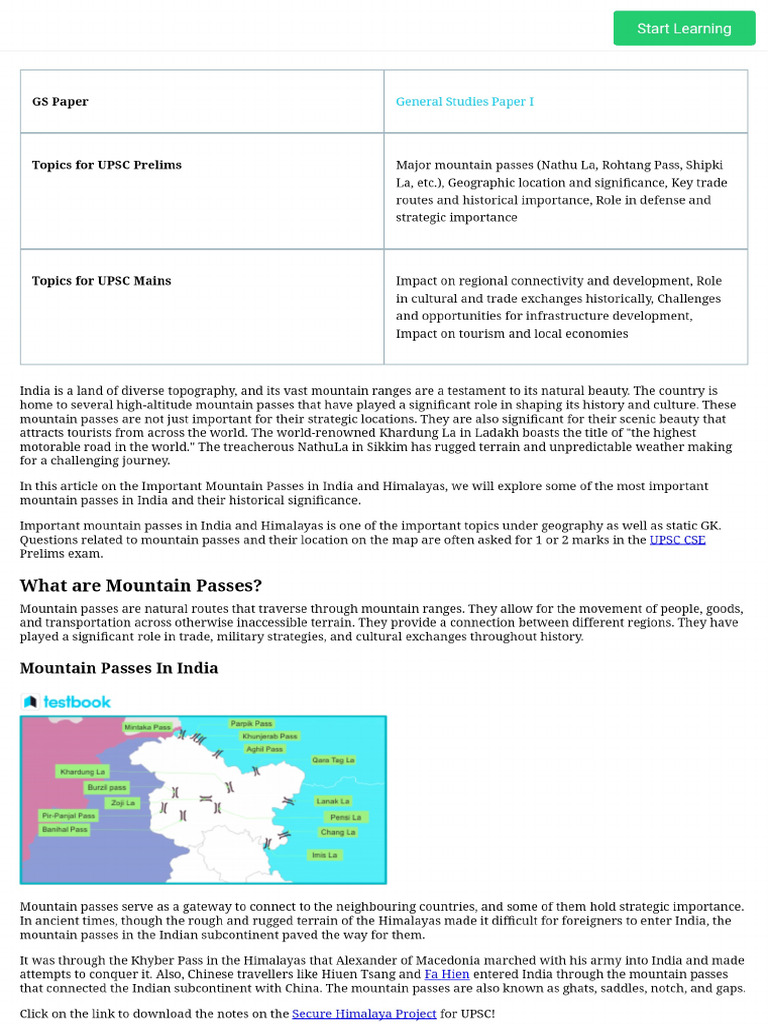 Important Mountain Passes in India - State Wise List - UPSC Notes | PDF