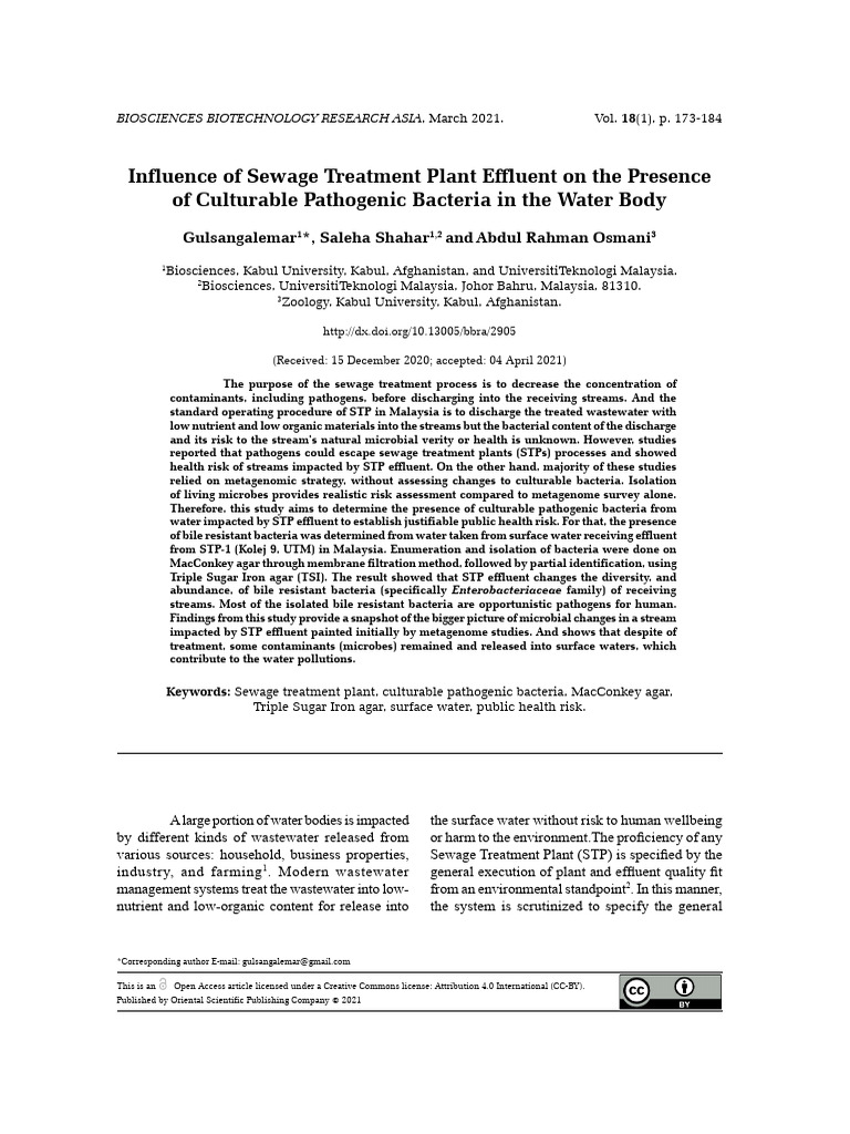 Impact of STP Effluent on Pathogenic Bacteria | PDF | Sewage Treatment ...