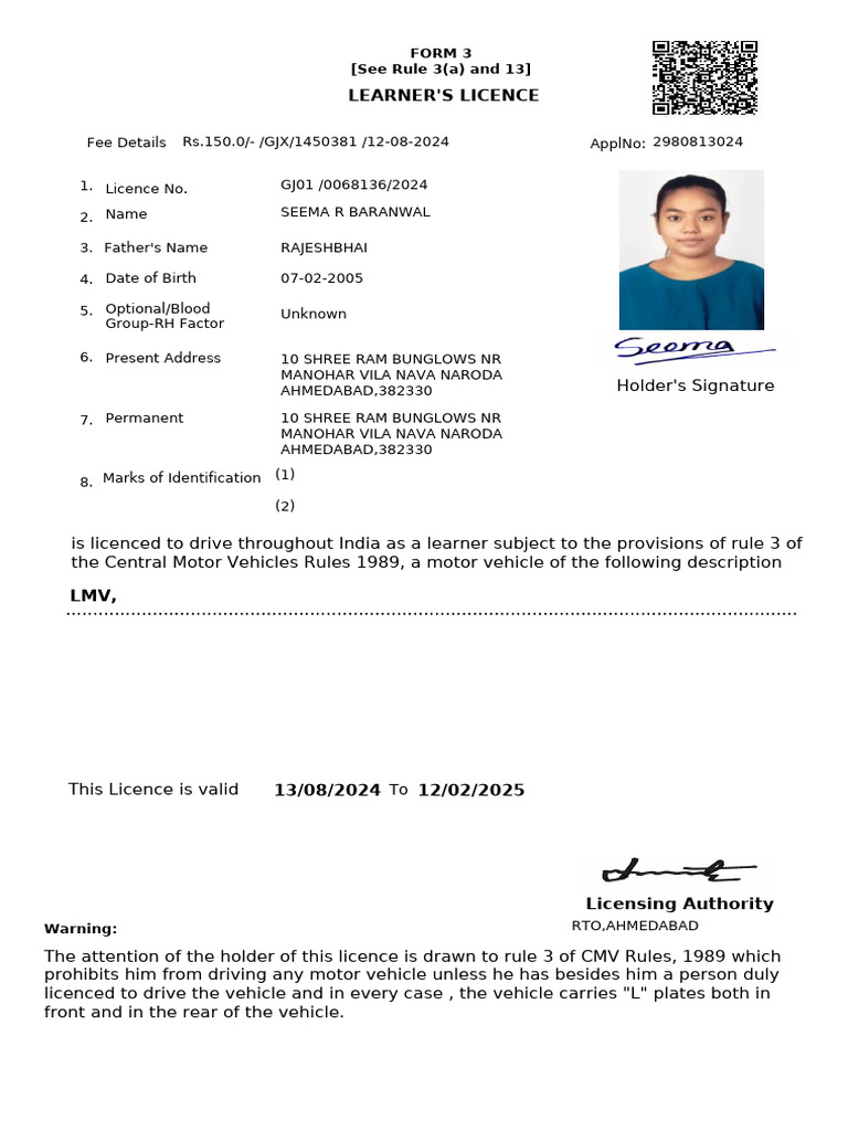 Learner'S Licence: Form 3 (See Rule 3 (A) and 13) | PDF