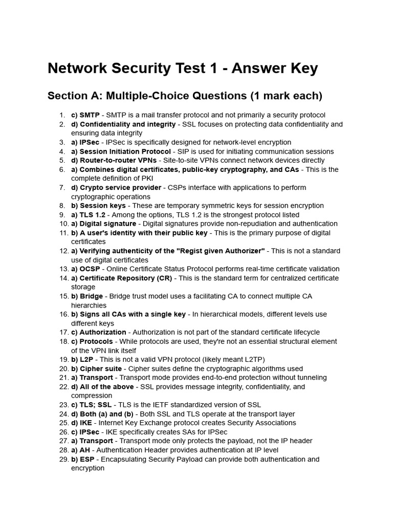 Network Security Test Answer Key | PDF | Transport Layer Security ...